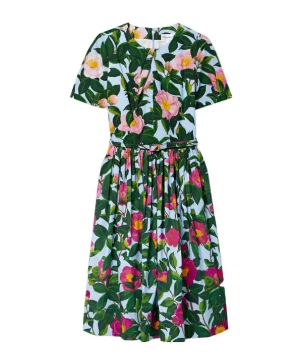 Oscar De La Renta Belted Floral Print Cotton-blend Poplin Dress - Green
