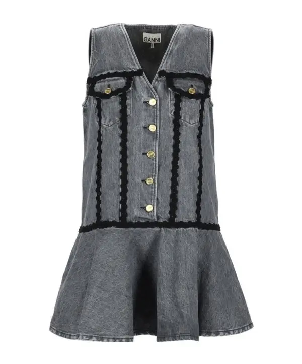GANNI Sleeveless V-neck Denim Dress With Button Closure - Gray
