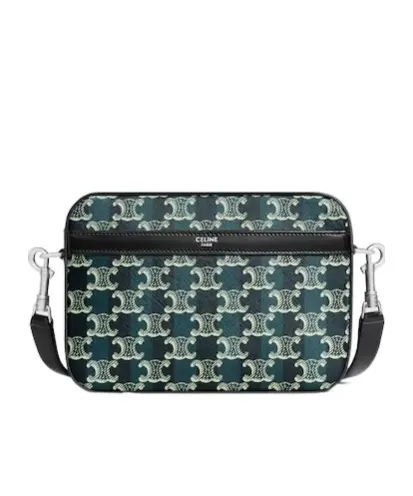 Celine Small Messenger Bag In Striped Triomphe Canvas And Calfskin - Black/navy Blue