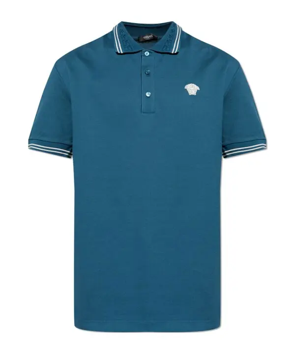 Versace Medusa Embroidered Short-sleeved Polo Shirt - Blue