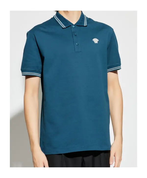 Versace Medusa Embroidered Short-sleeved Polo Shirt - Blue