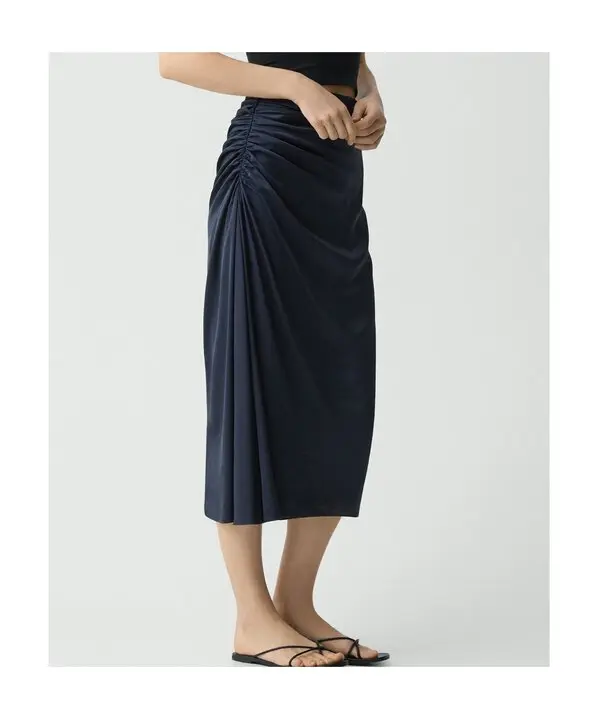Theory Crushed Satin Ruched Midi Skirt