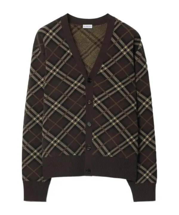 Burberry Checked V-neck Knitted Cardigan - Truffle Brown