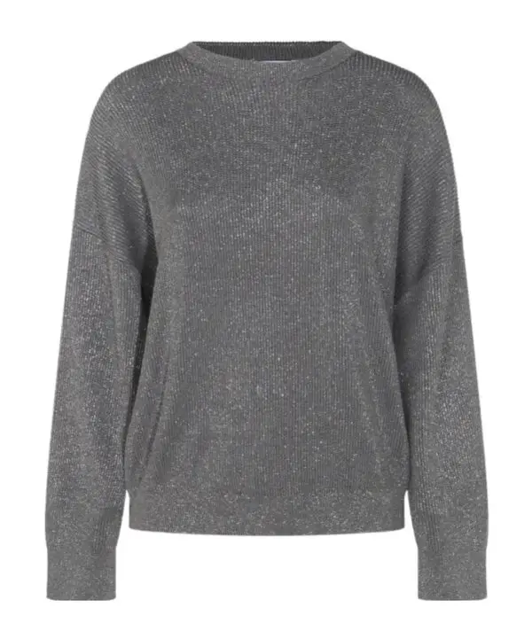 Brunello Cucinelli Ribbed Crewneck Sweater With Pearl Embellishment - Silver