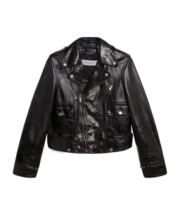 GOLDEN GOOSE Off-center Zipped Leather Biker Jacket - Black