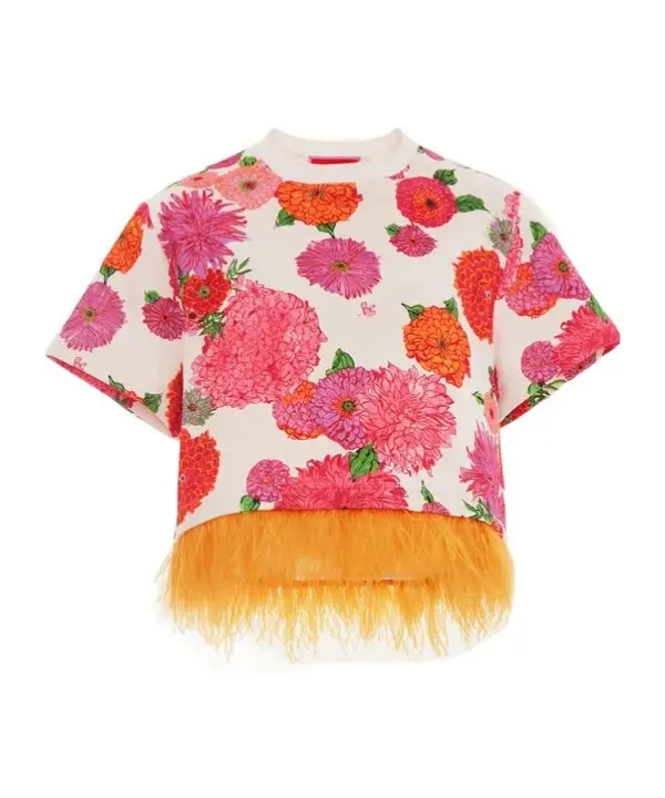 La DoubleJ La Scala Floral-print Blouse With Feather Trim - Nude