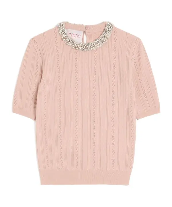 Valentino Garavani Vertical Striped Short-sleeve Embellished Knit Sweater