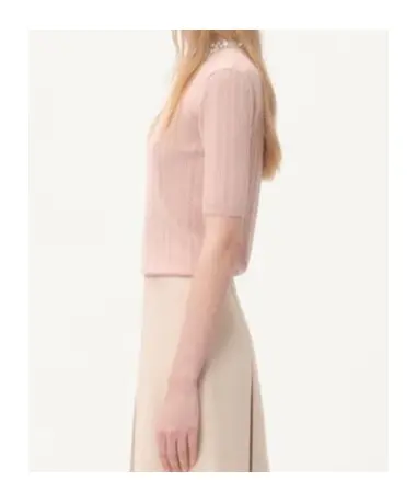 Valentino Garavani Vertical Striped Short-sleeve Embellished Knit Sweater