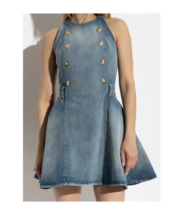 Balmain Sleeveless Denim Mini Dress With Contrast Stitching