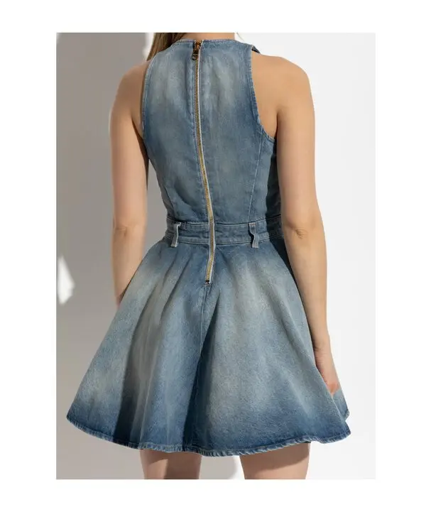 Balmain Sleeveless Denim Mini Dress With Contrast Stitching