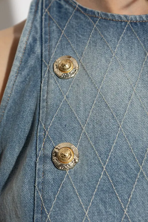 Balmain Sleeveless Denim Mini Dress With Contrast Stitching
