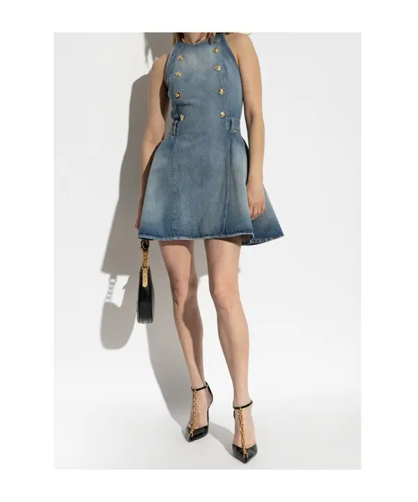 Balmain Sleeveless Denim Mini Dress With Contrast Stitching