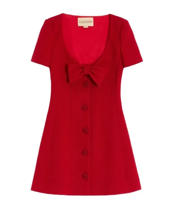 Valentino Garavani Short Dress In Wool Tweed With Bow And Button Detail