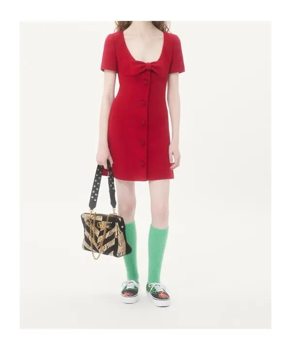 Valentino Garavani Short Dress In Wool Tweed With Bow And Button Detail