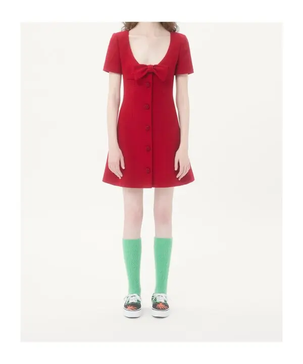 Valentino Garavani Short Dress In Wool Tweed With Bow And Button Detail
