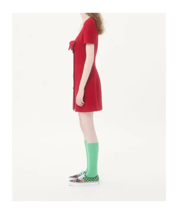 Valentino Garavani Short Dress In Wool Tweed With Bow And Button Detail
