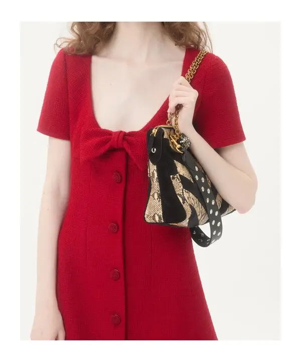 Valentino Garavani Short Dress In Wool Tweed With Bow And Button Detail