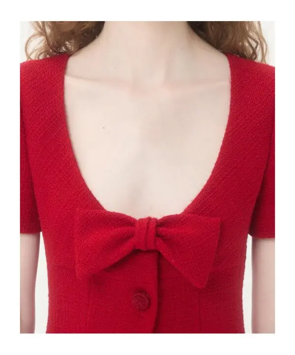 Valentino Garavani Short Dress In Wool Tweed With Bow And Button Detail