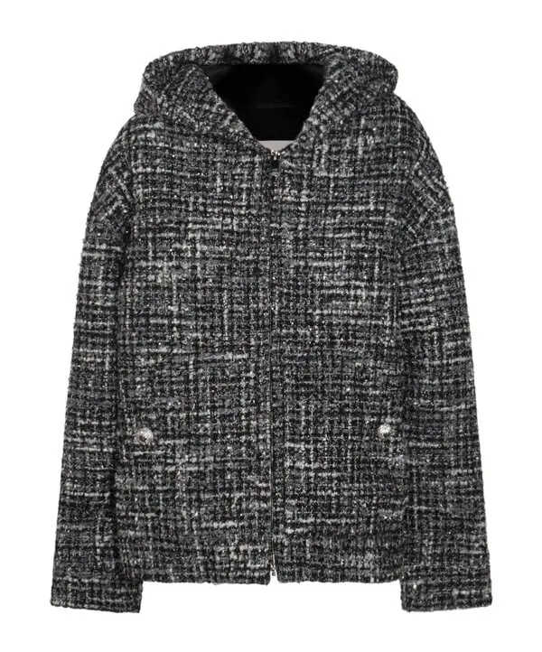 Valentino Garavani Zip-up Hooded Tweed Jacket - Black