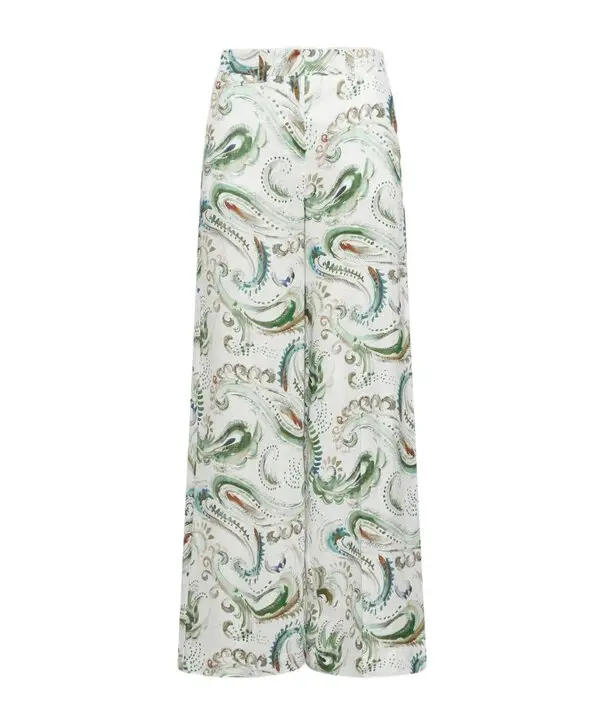 Marella Linen Printed Palazzo Trousers - Optical White