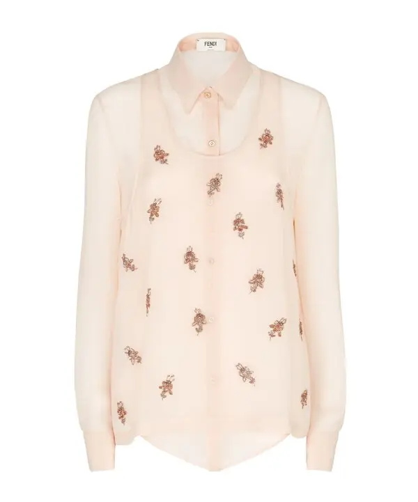 Fendi Floral Embellished Silk Georgette Long-sleeved Top - Pink
