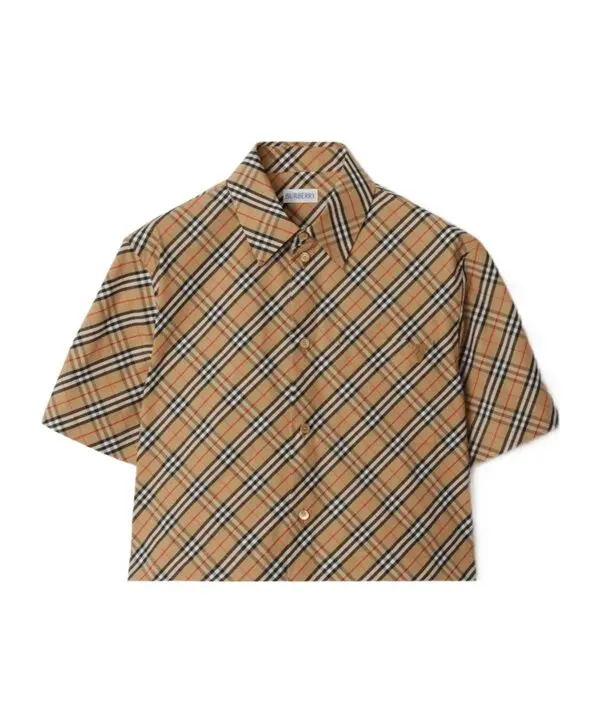 Burberry Checked Cropped Short Sleeve Shirt - Sand