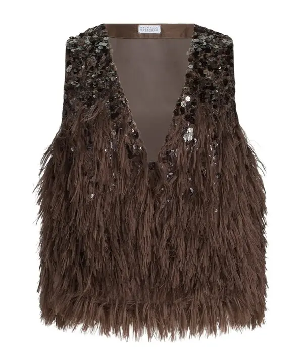Brunello Cucinelli Sequin Embellished Feather Vest - Black