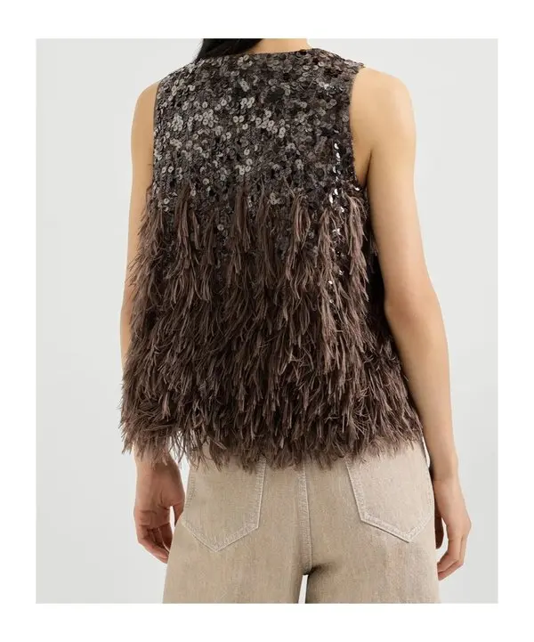 Brunello Cucinelli Sequin Embellished Feather Vest - Black