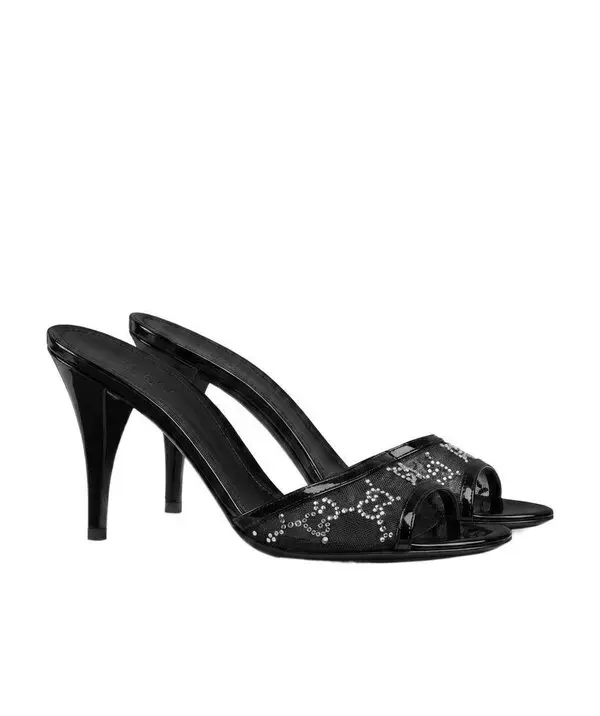 Gucci Crystal Embellished Mesh Slide Sandals - Black