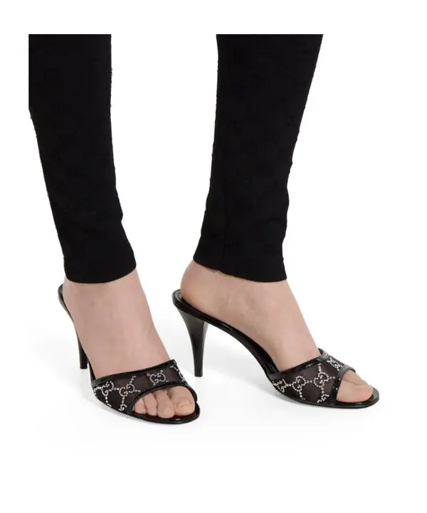 Gucci Crystal Embellished Mesh Slide Sandals - Black