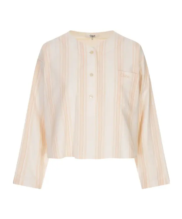 Chloé Long Sleeve Cropped Striped Shirt With Patch Pockets - Nude