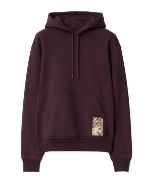 Burberry Checked Label Drawstring Hoodie - Wine Red