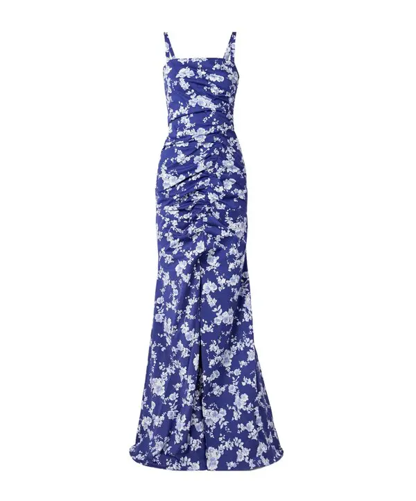 Carolina Herrera Floral Print Asymmetrical Pleated Maxi Dress