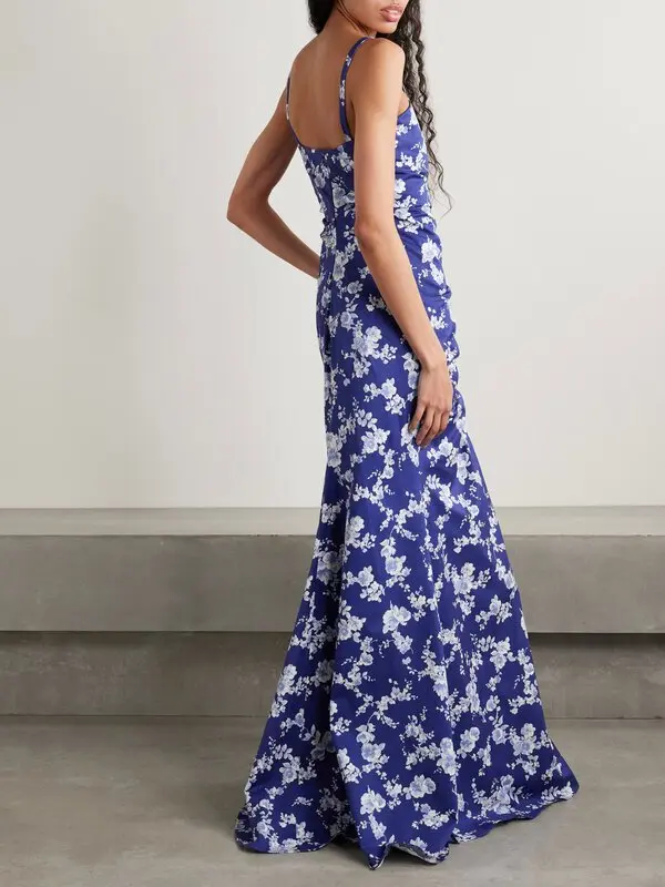 Carolina Herrera Floral Print Asymmetrical Pleated Maxi Dress