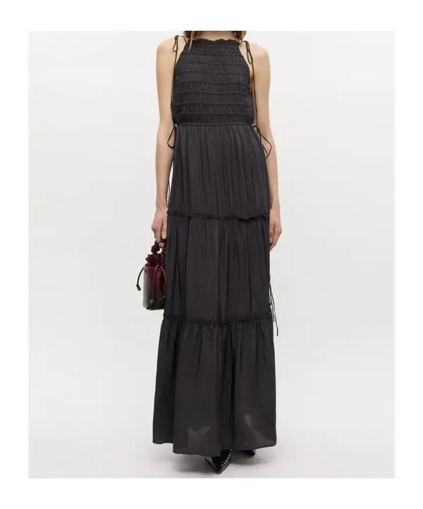 GANNI Maxi Smocked Slip Dress - Phantom Black