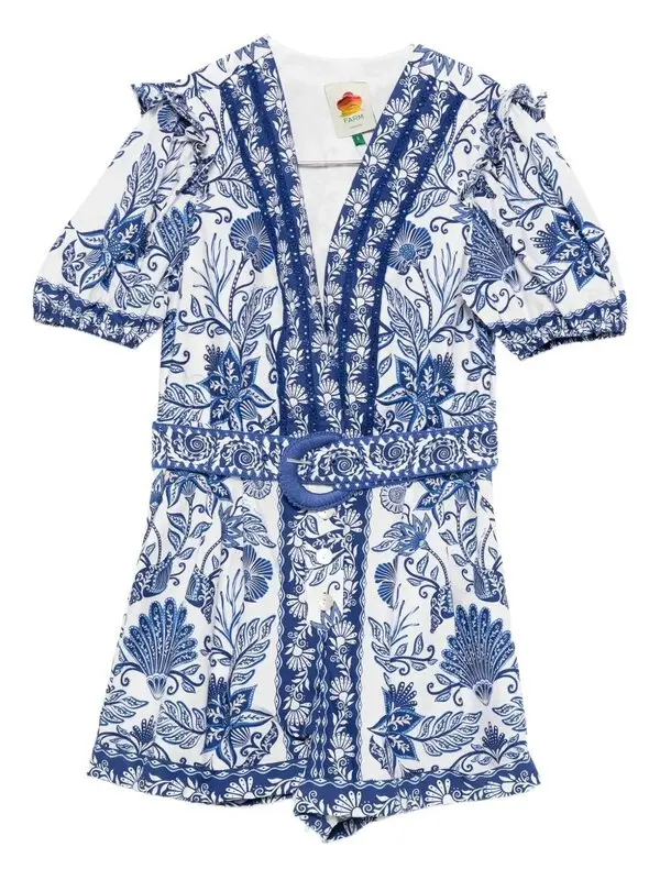 Farm Rio Short-sleeved Graphic Print Jumpsuit With Buckle Waist - Blue