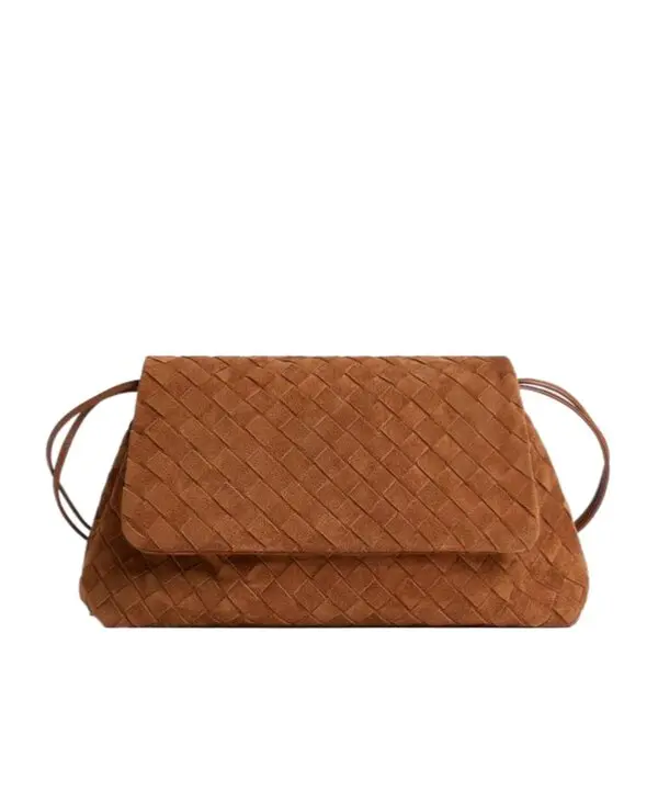 Bottega Veneta Giorno Woven Suede Shoulder Bag - Amber