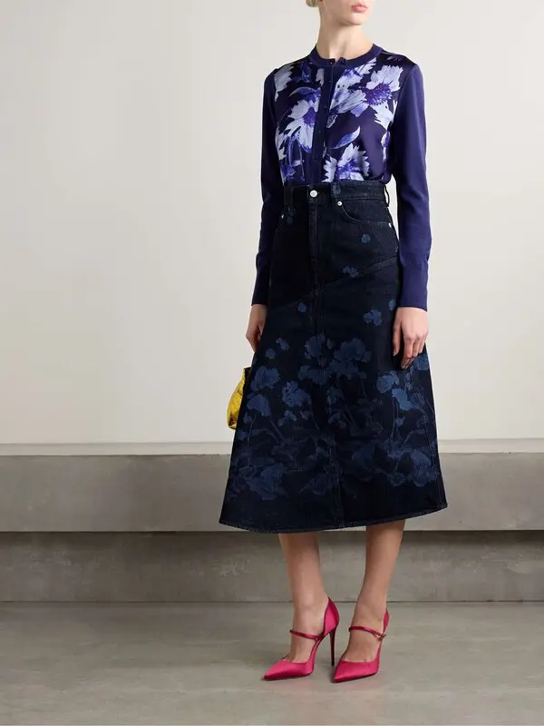 Erdem Paneled Floral-print Denim Midi Skirt