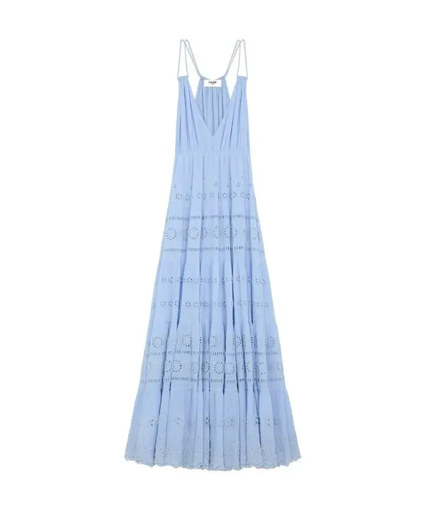 Celine Embroidered Long Dress In Cotton Silk Crepon - Azure Sky