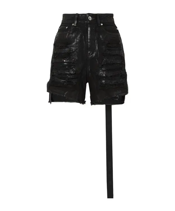 Rick Owens Antique Metallic Coating Shorts With Side Slits And Raw Hem - Black