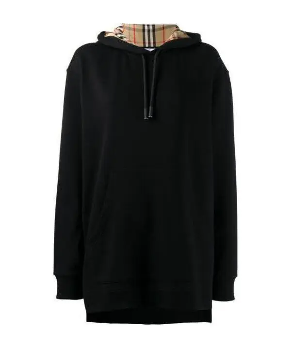 Burberry Oversized Asymmetric Hem Hoodie With Checkered Lining - Black
