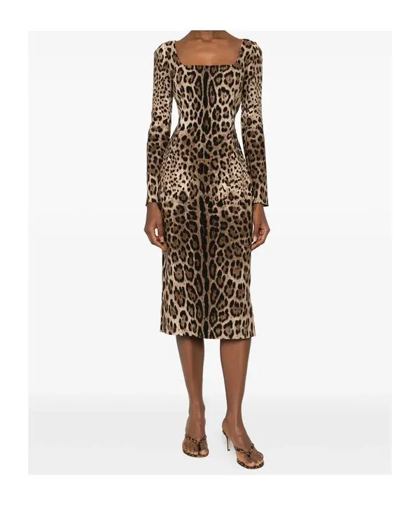 Dolce & Gabbana Leopard Print Long Sleeve Midi Dress