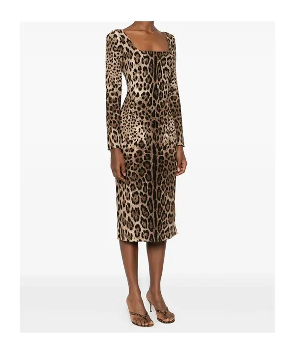 Dolce & Gabbana Leopard Print Long Sleeve Midi Dress