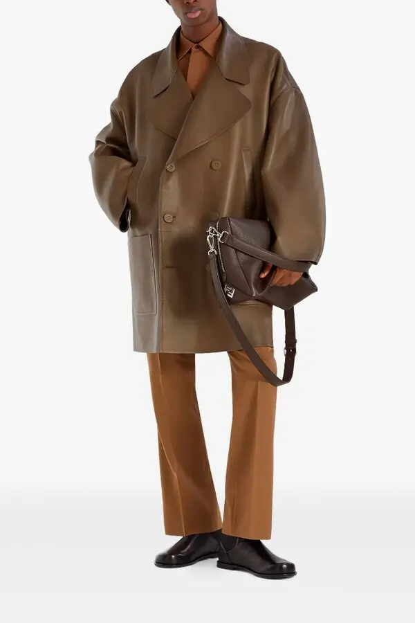 Fendi Double Breasted Leather Pea Coat - Dark Beige