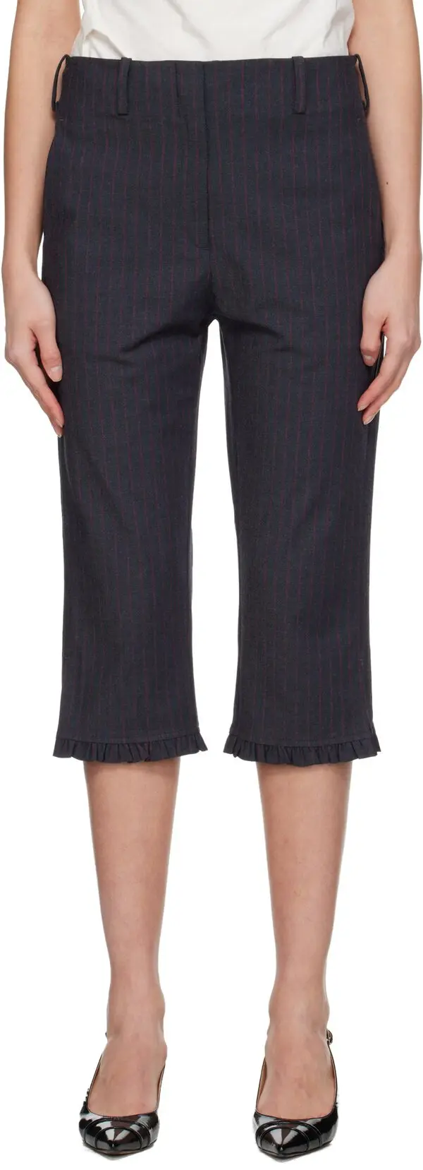 GANNI Pinstriped Capri Trousers With Ruffle Hem