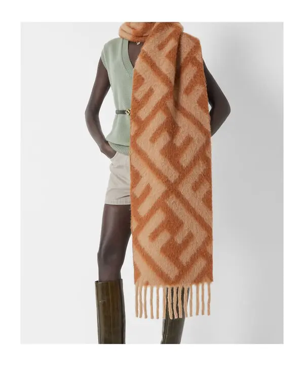 Fendi Ff Jacquard Fringed-edge Scarf - Brown