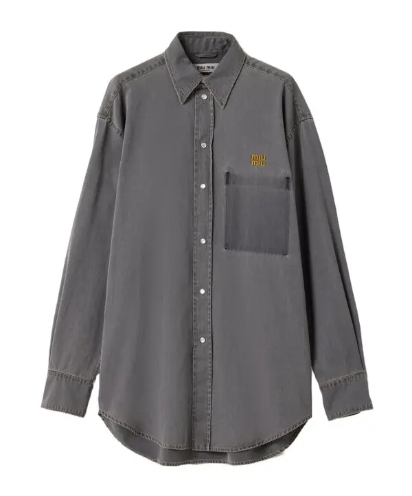 Miu Miu Chambray Shirt With Embroidered Logo - Grey