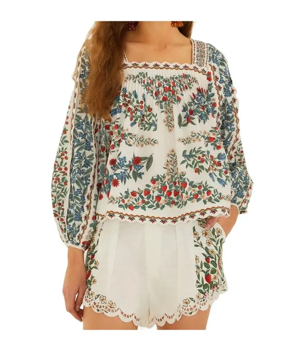 Farm Rio Floral Print Long Sleeve Square Neck Top
