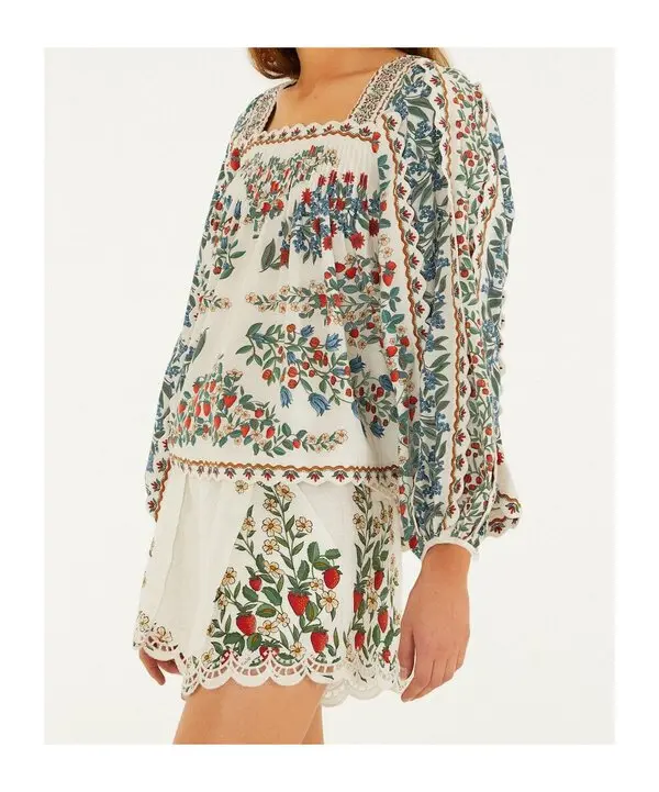 Farm Rio Floral Print Long Sleeve Square Neck Top