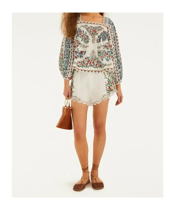 Farm Rio Floral Print Long Sleeve Square Neck Top - White